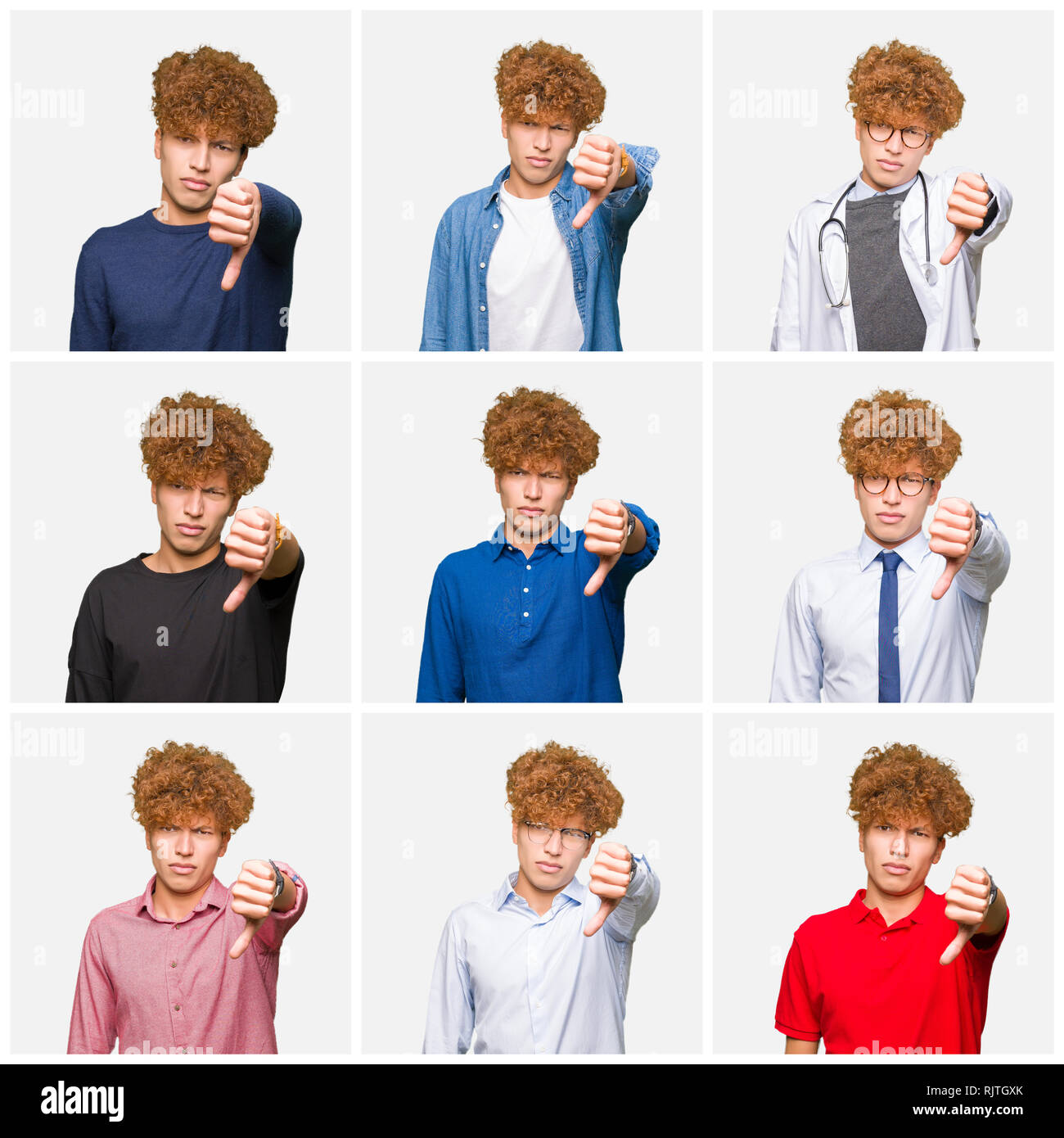 Collage of young man wearing different looks over isolated white ...