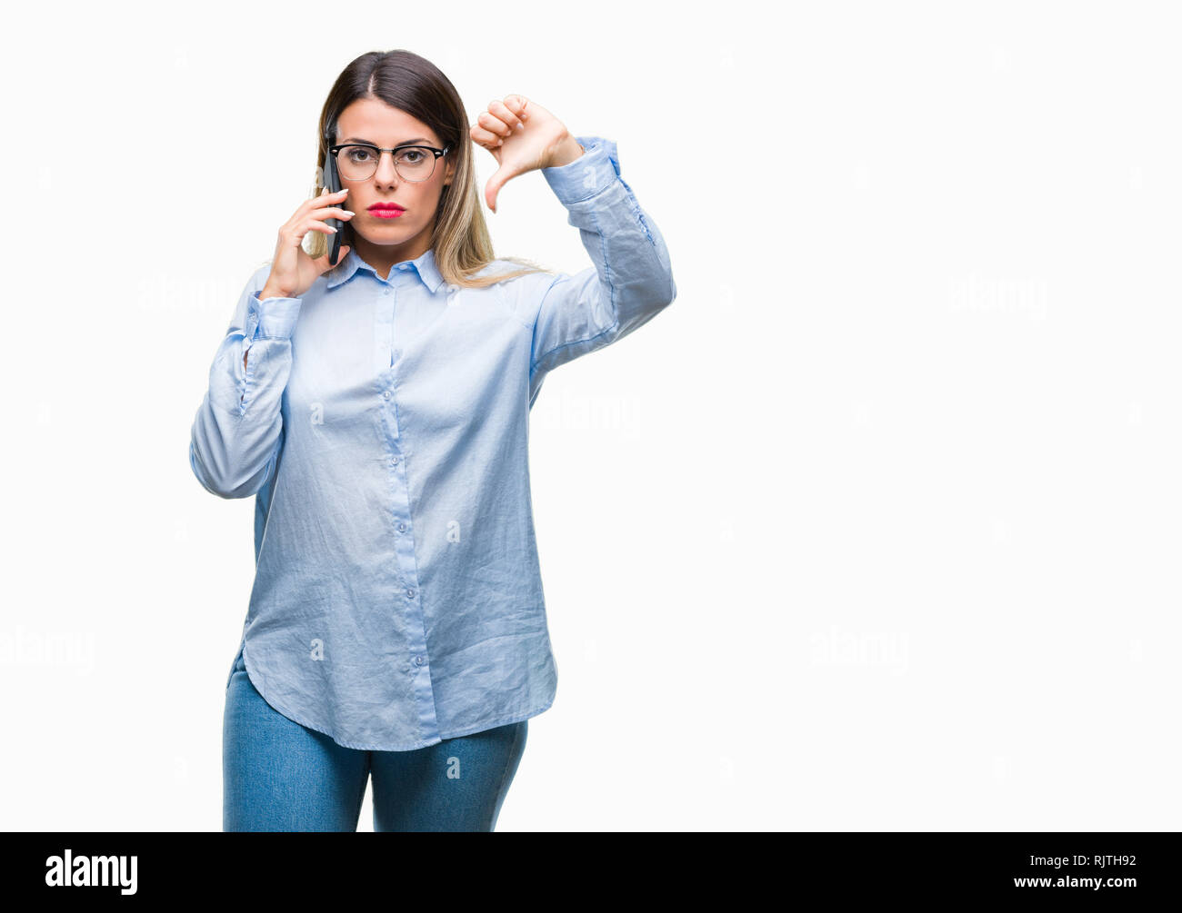 Young beautiful business woman speaking calling using smartphone over ...