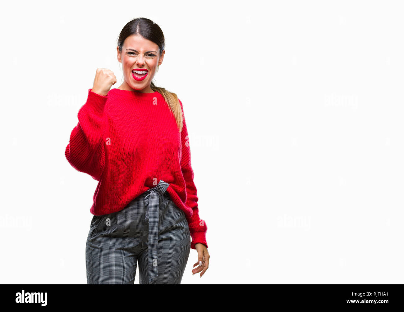 Young beautiful business woman wearing winter sweater over isolated ...