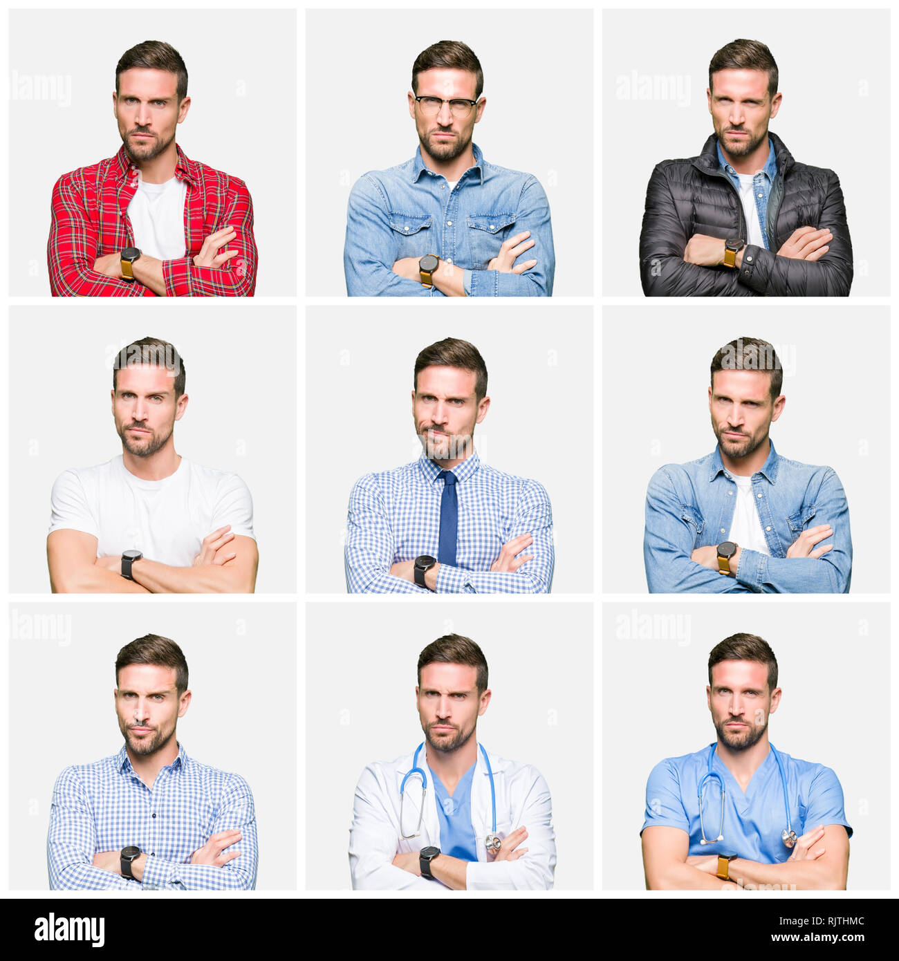 Collage of attractive young man over white isolated background skeptic ...