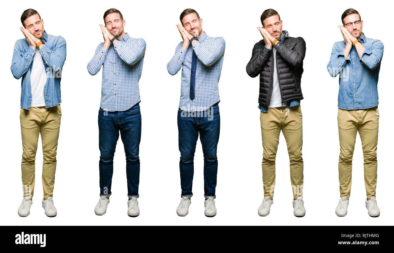 Collage of attractive young man over white isolated background sleeping ...