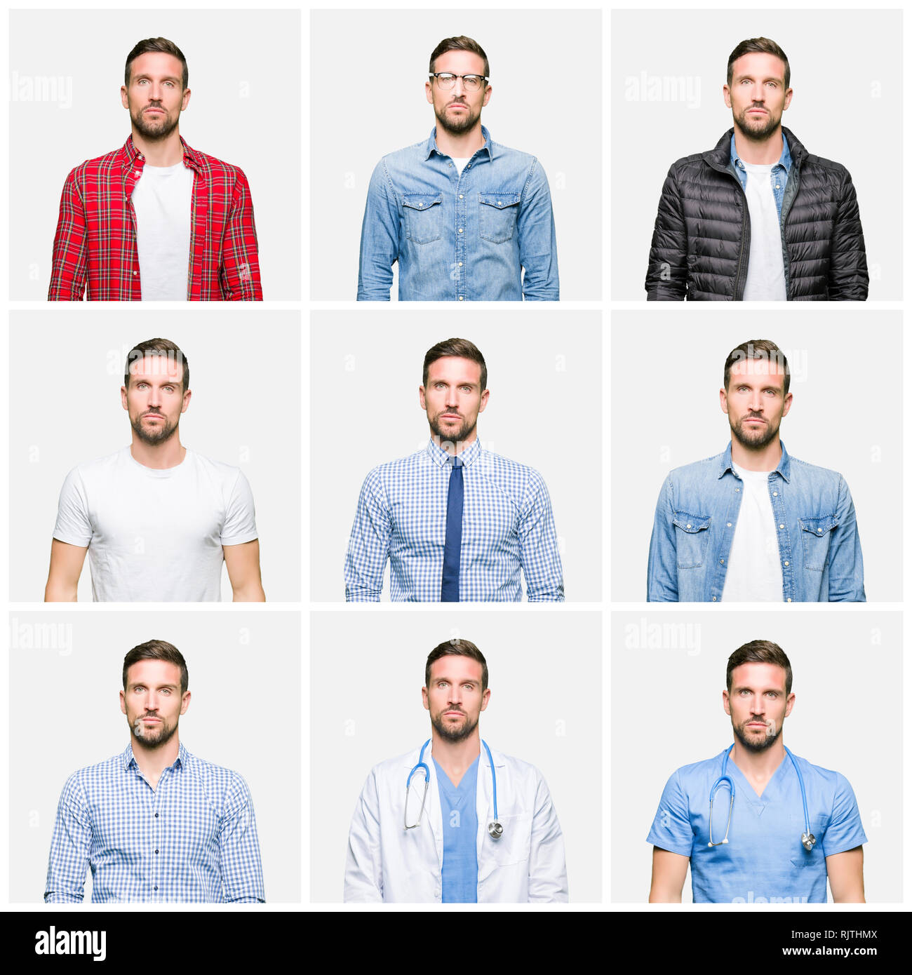 Collage of attractive young man over white isolated background Relaxed ...