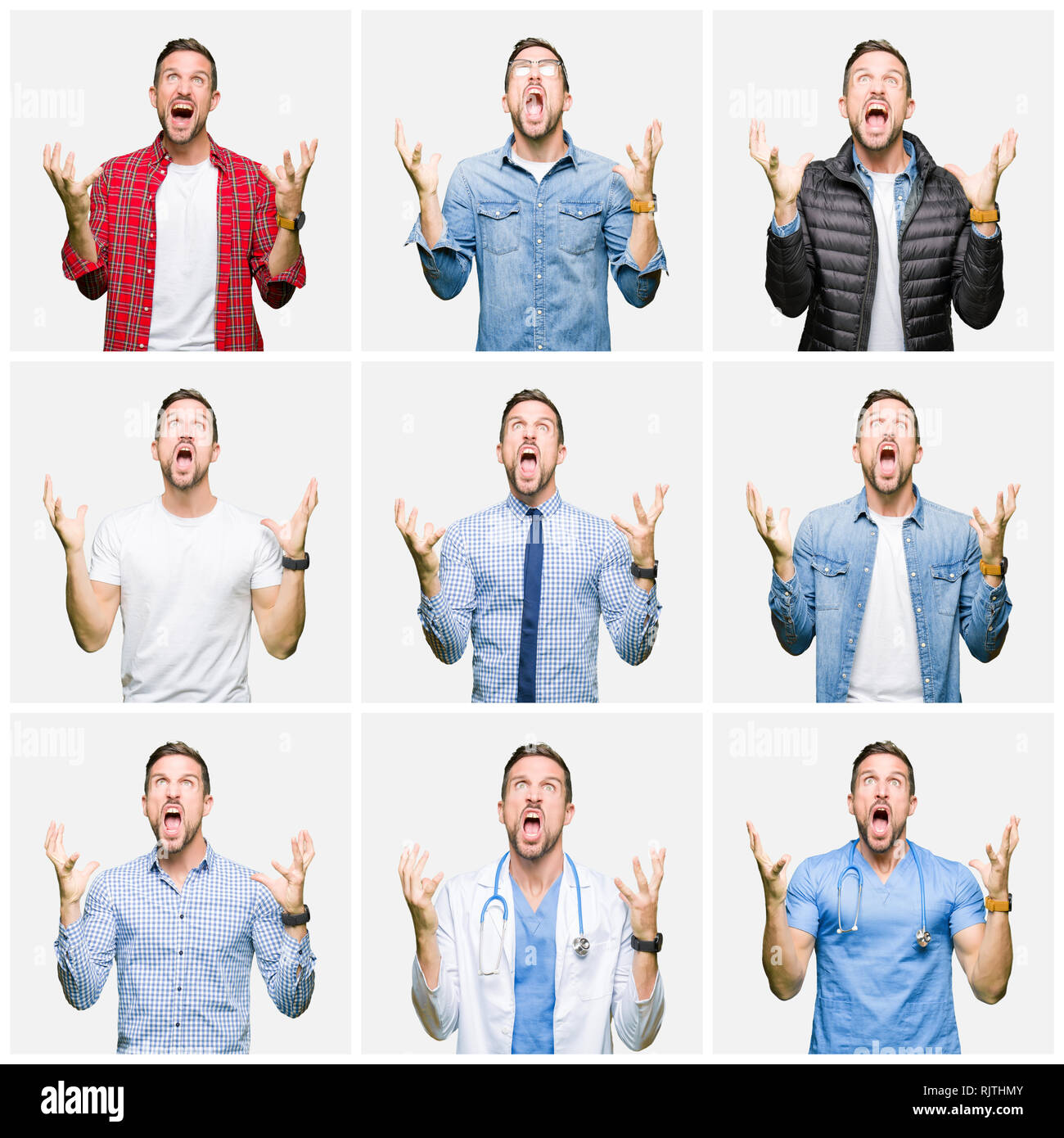 Collage of attractive young man over white isolated background crazy ...