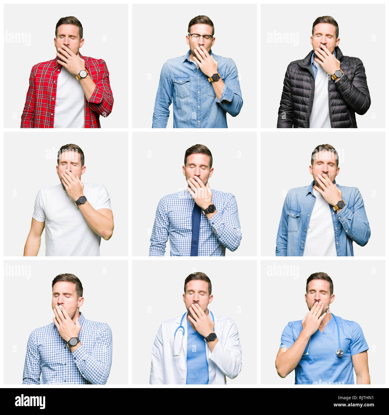Collage of attractive young man over white isolated background bored ...