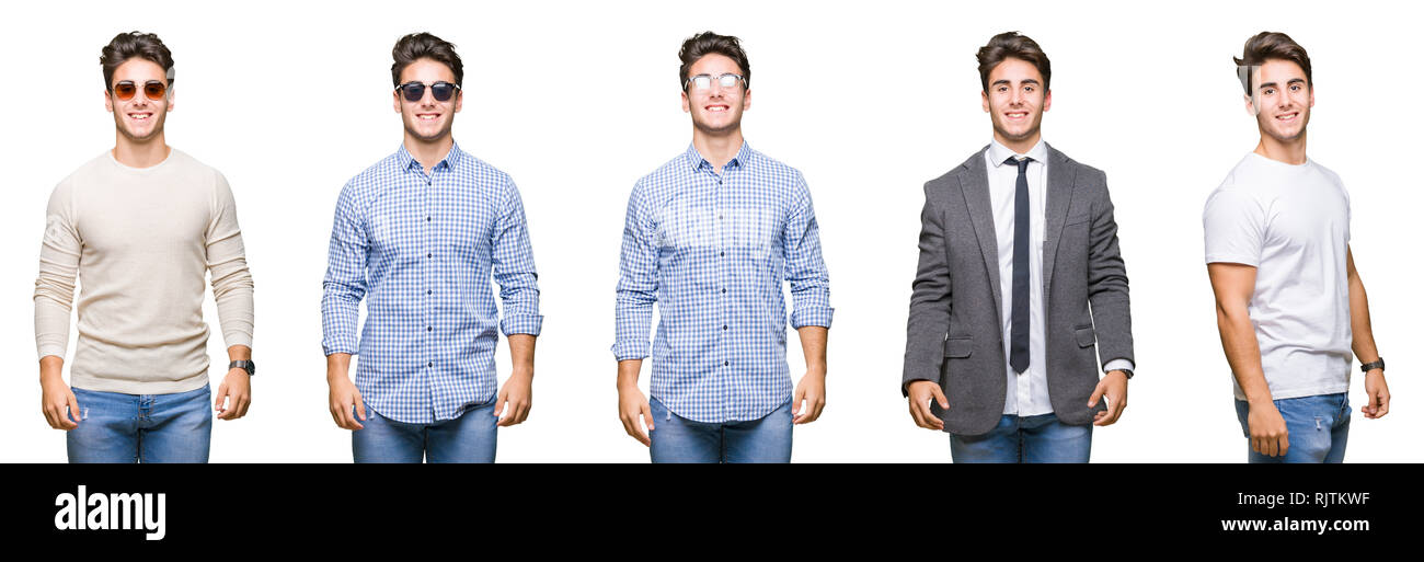 Collage of young handsome business man over isolated background with a ...