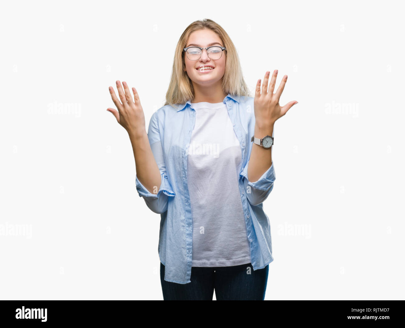 Young caucasian business woman wearing glasses over isolated background ...