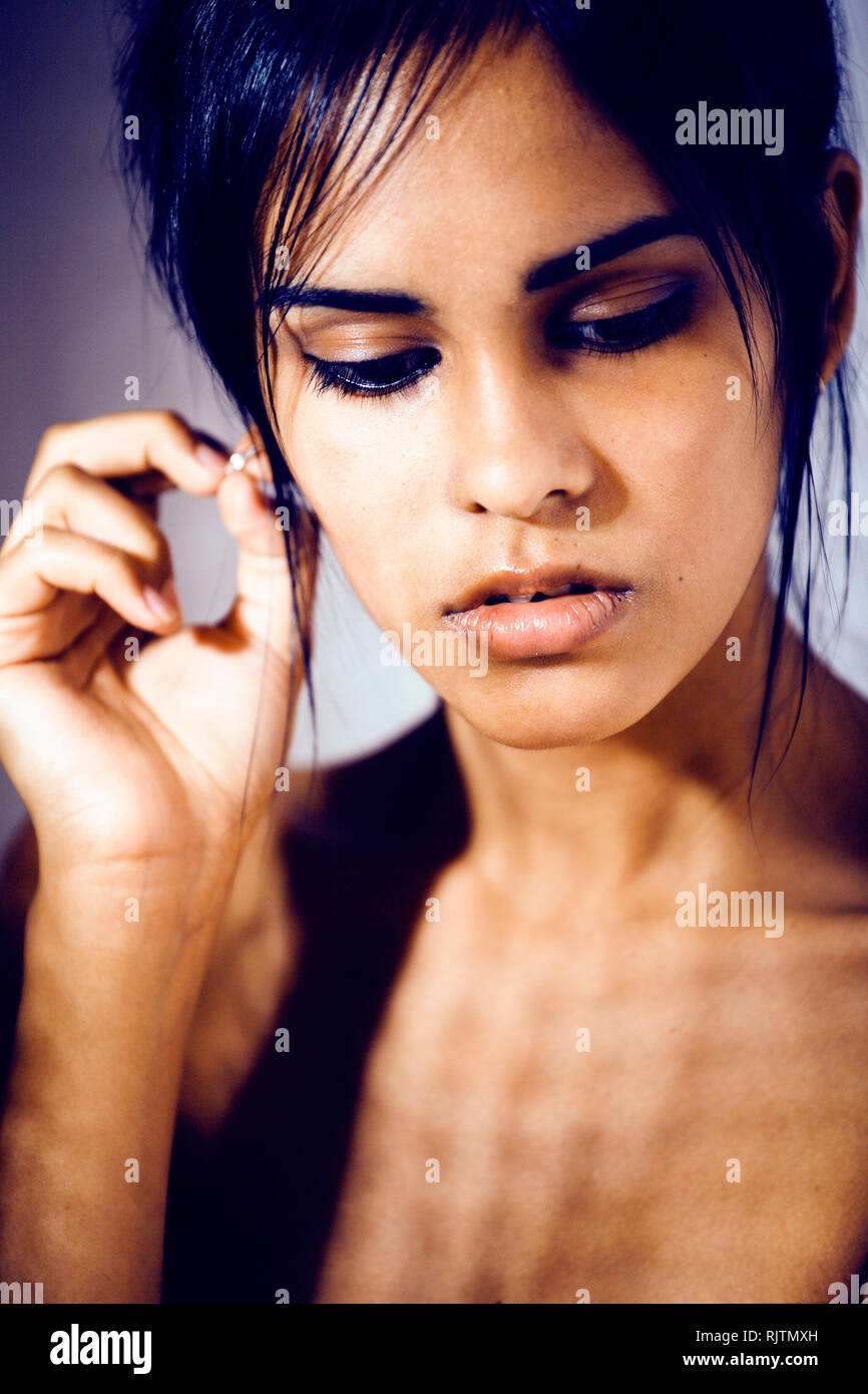 beauty latin young woman in depression, hopelessness look, fashion ...