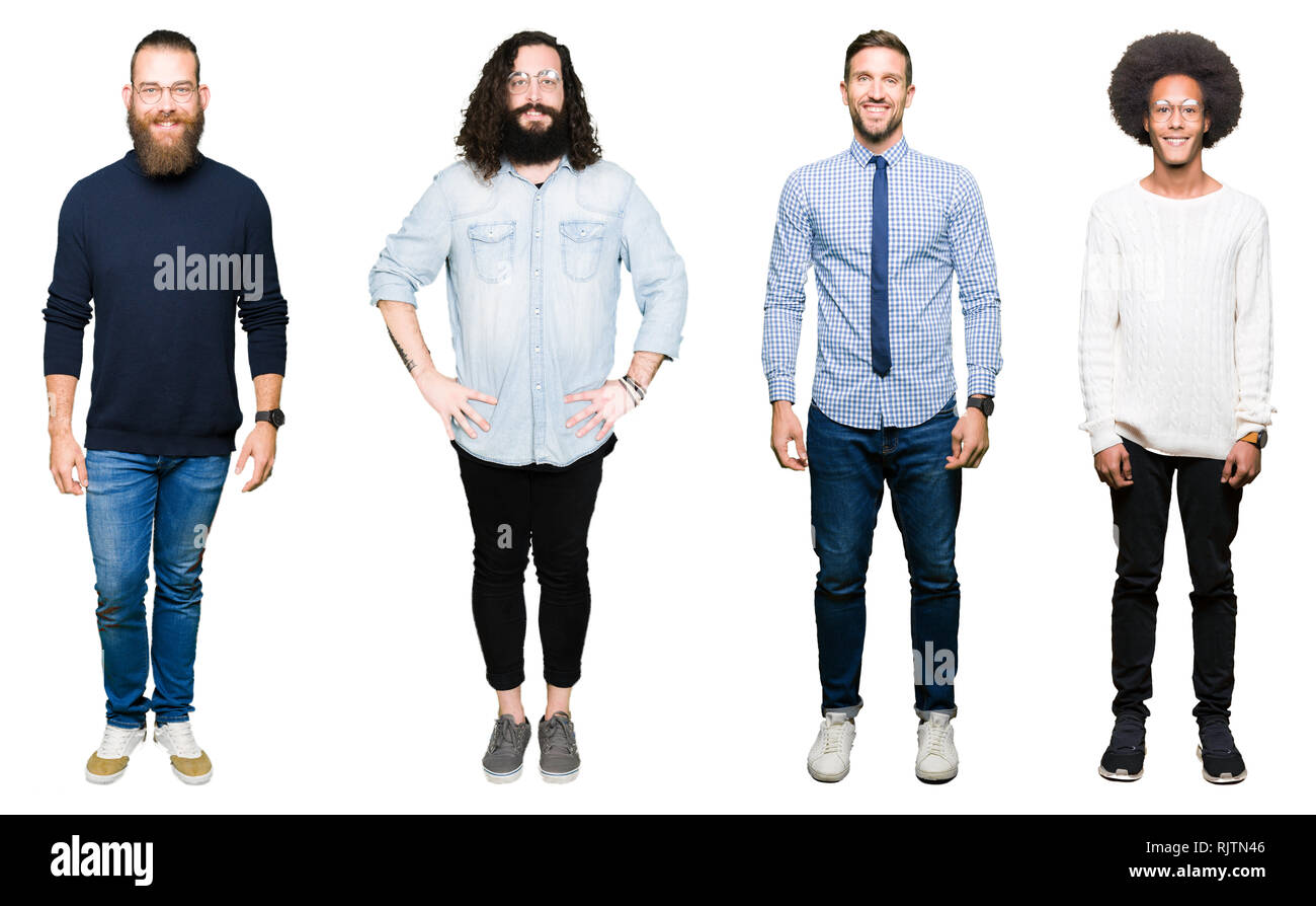 Collage of group of young men over white isolated background with a ...