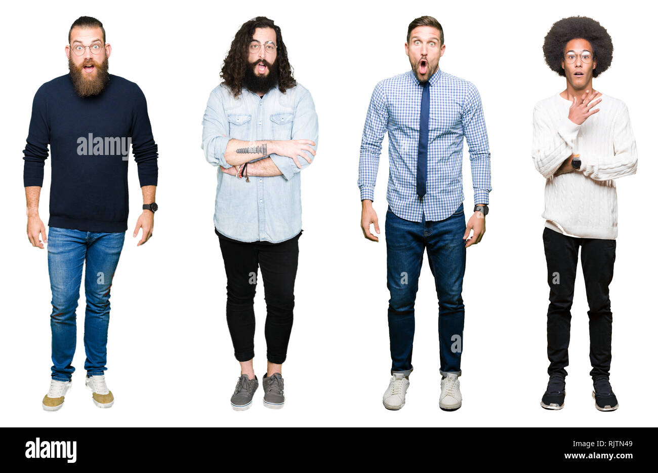 Collage of group of young men over white isolated background afraid and ...