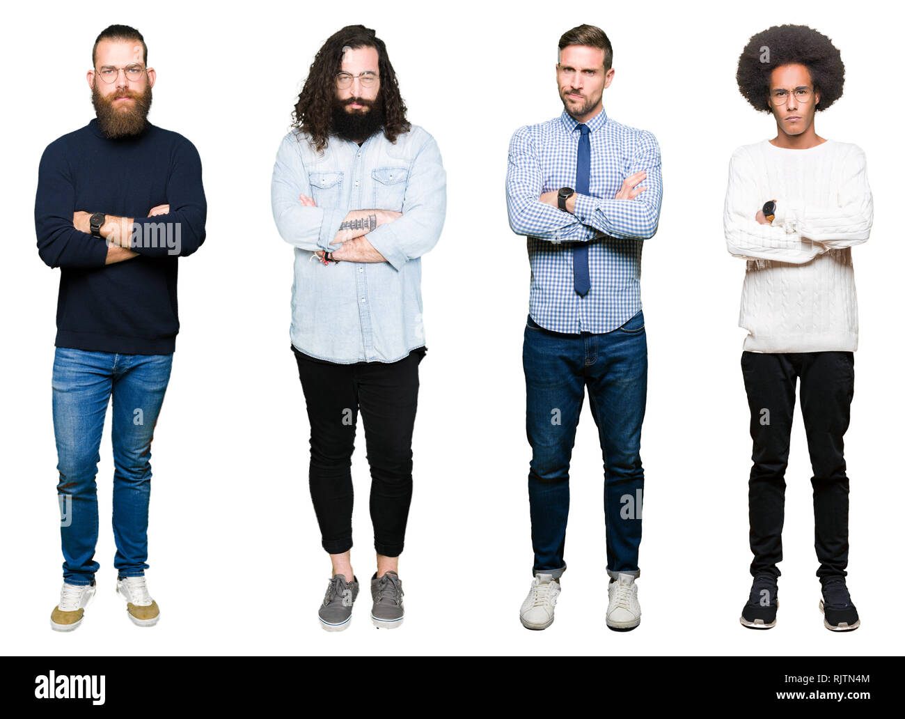 Collage of group of young men over white isolated background skeptic ...