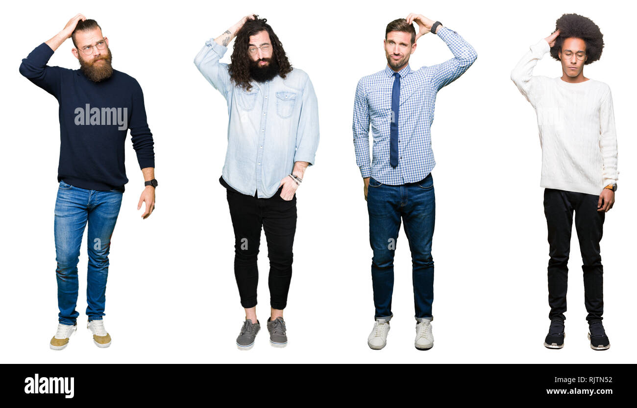 Collage of group of young men over white isolated background confuse ...