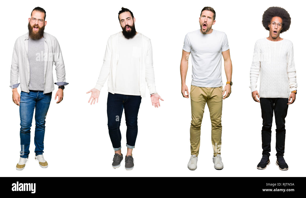 Collage of group of young men over white isolated background In shock ...
