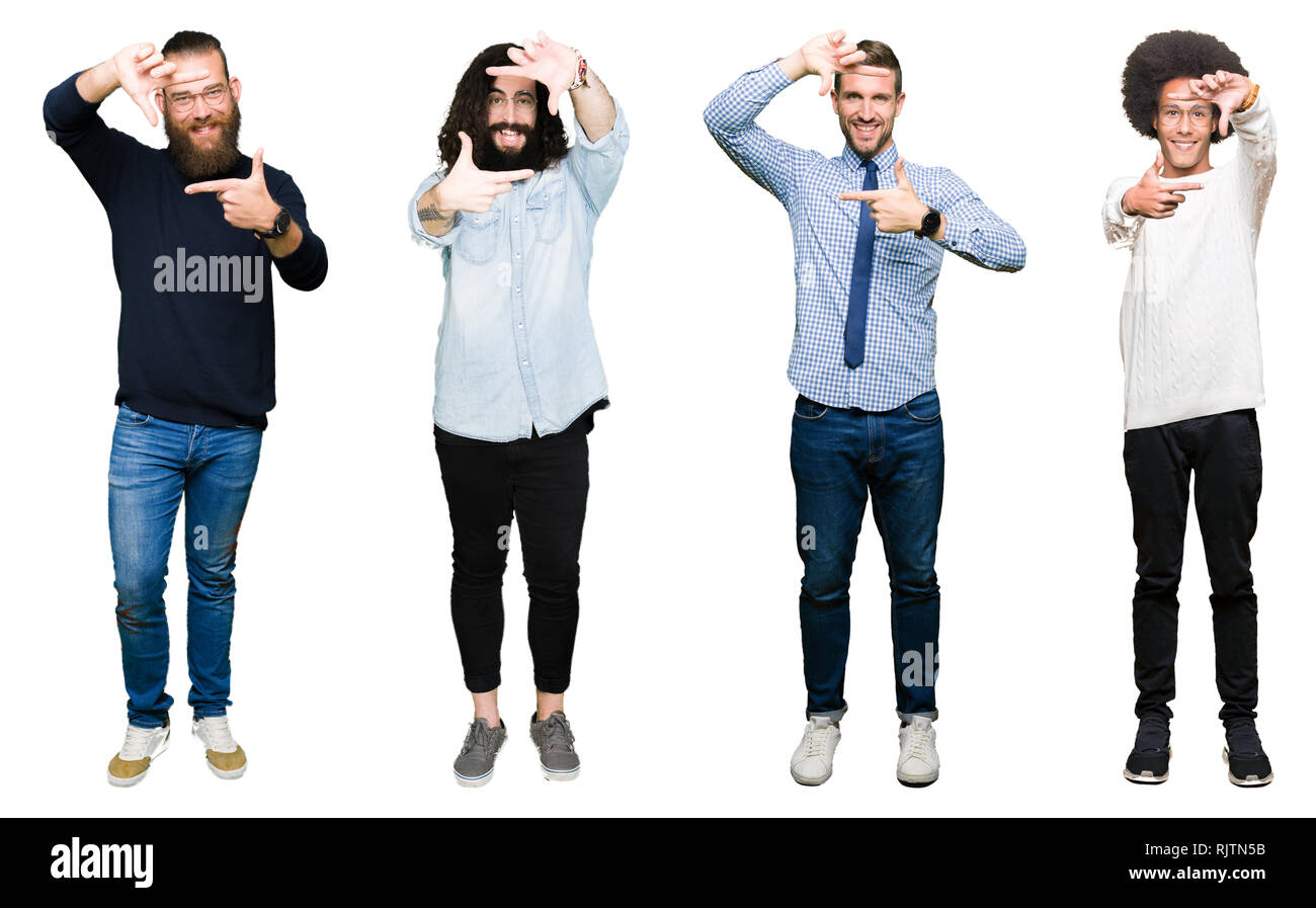 Collage of group of young men over white isolated background smiling ...