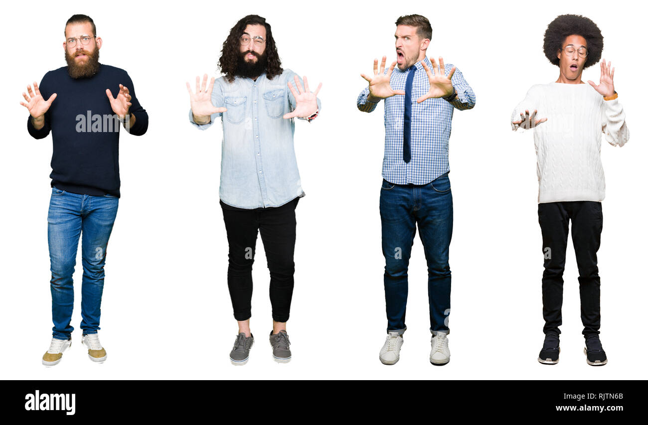 Collage of group of young men over white isolated background afraid and ...