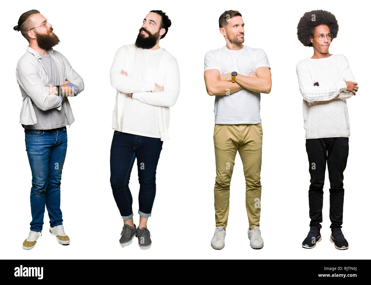 Collage of group of young men over white isolated background smiling ...
