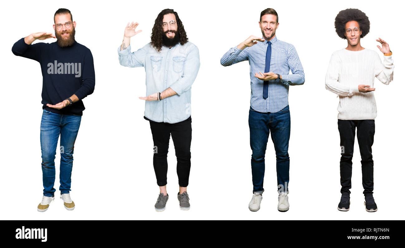 Collage of group of young men over white isolated background gesturing ...