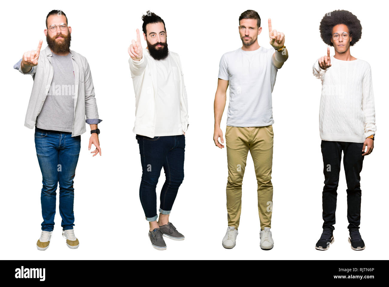 Collage of group of young men over white isolated background Pointing ...