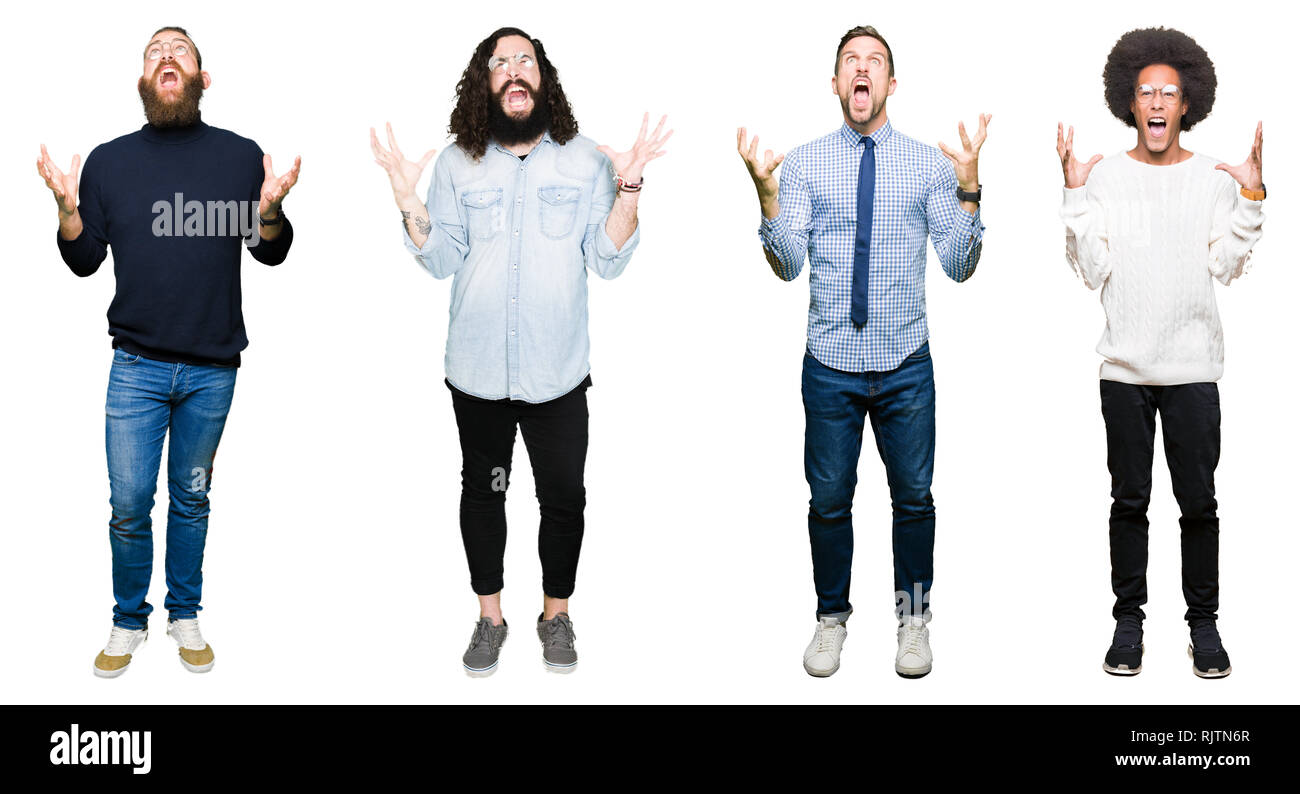 Collage of group of young men over white isolated background crazy and ...