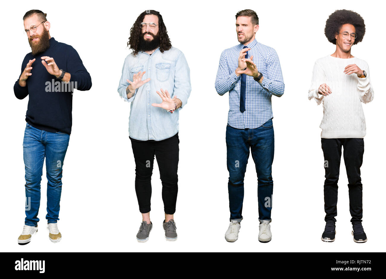 Collage of group of young men over white isolated background disgusted ...