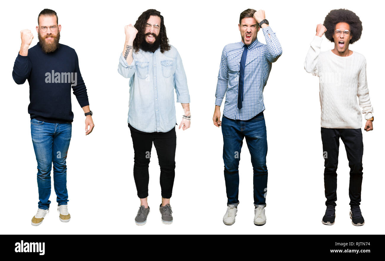 Collage of group of young men over white isolated background angry and ...