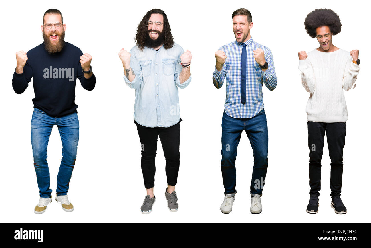 Collage of group of young men over white isolated background very happy ...
