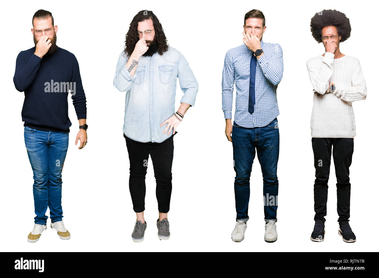 Collage of group of young men over white isolated background smelling ...