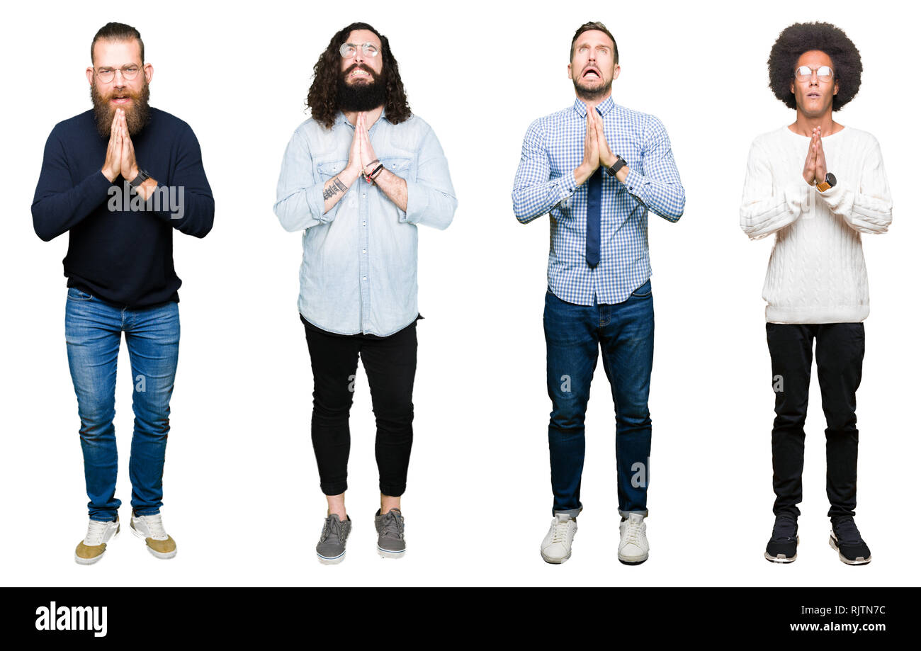 Collage of group of young men over white isolated background begging ...