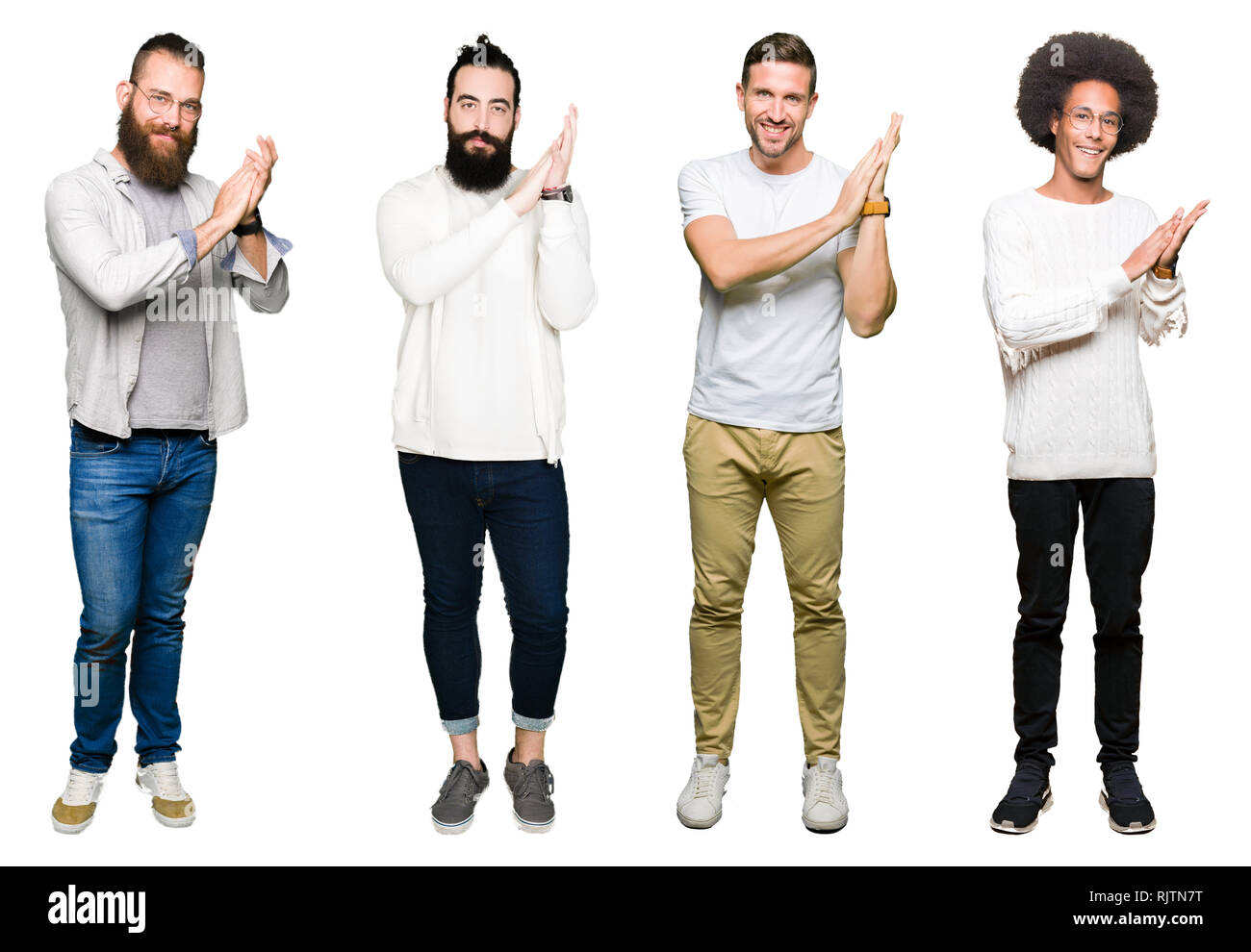 Collage of group of young men over white isolated background Clapping ...