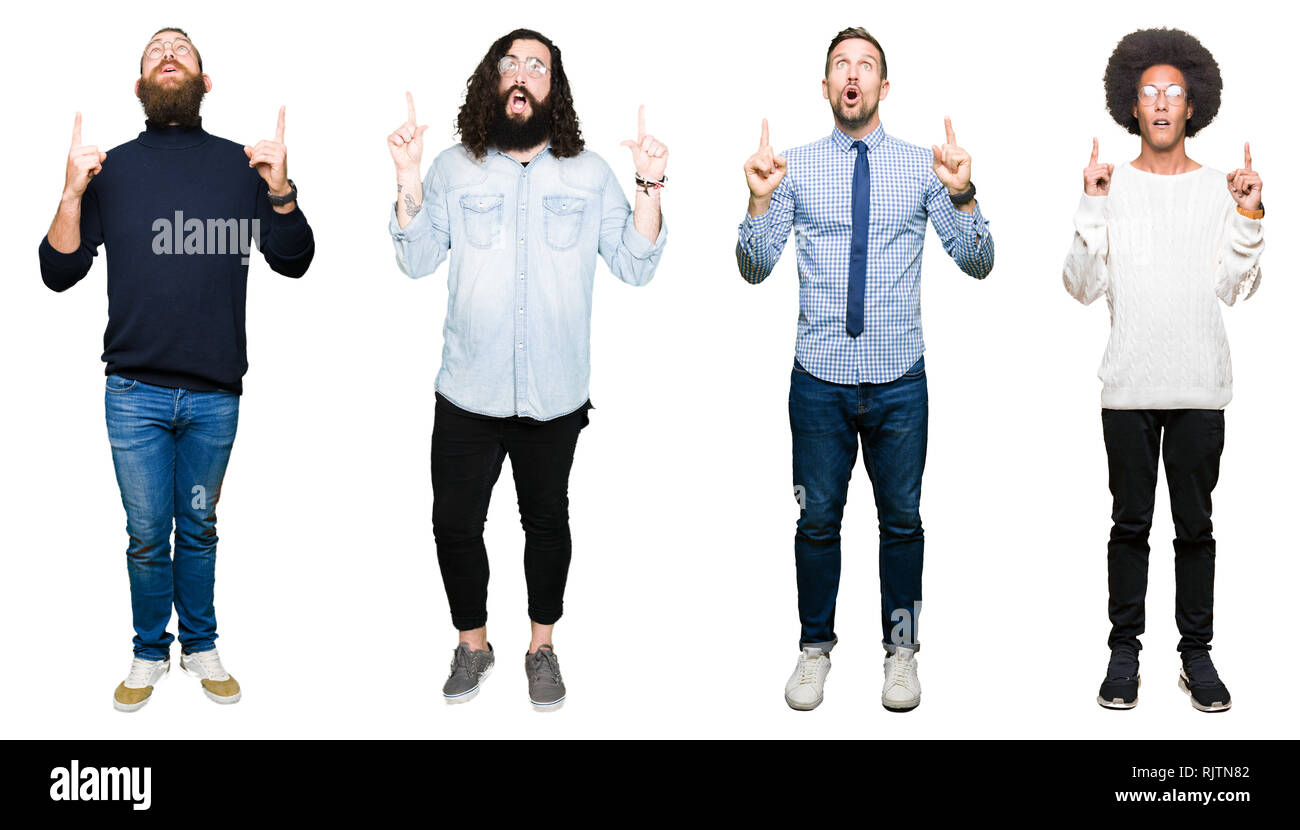 Collage of group of young men over white isolated background amazed and ...