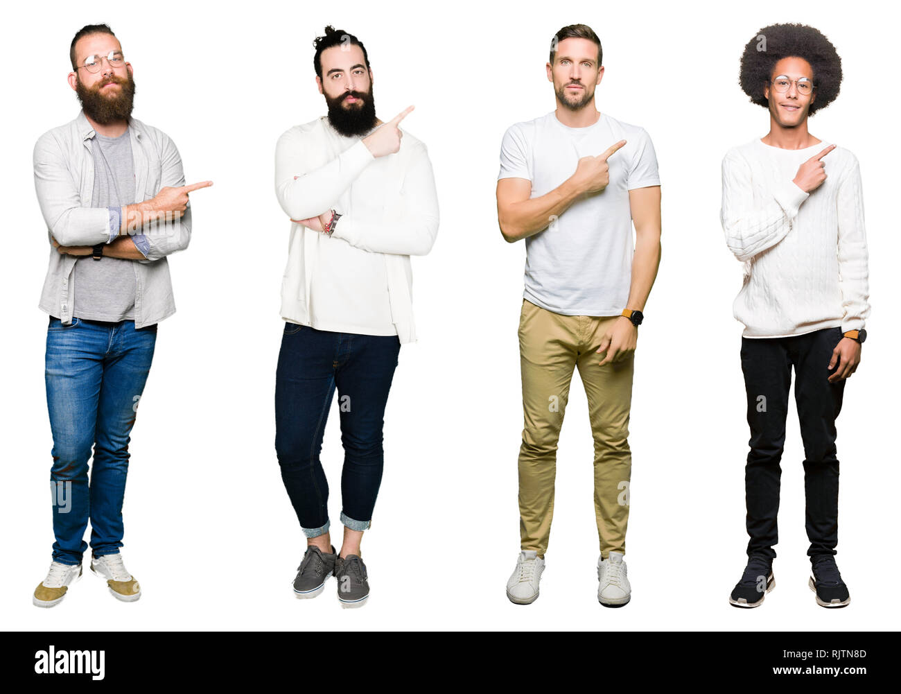 Collage of group of young men over white isolated background Pointing ...