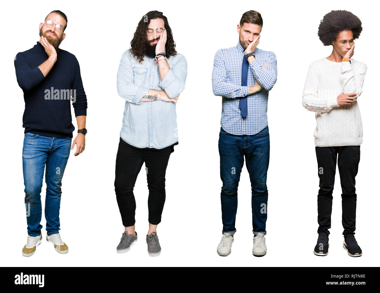 Collage of group of young men over white isolated background thinking ...
