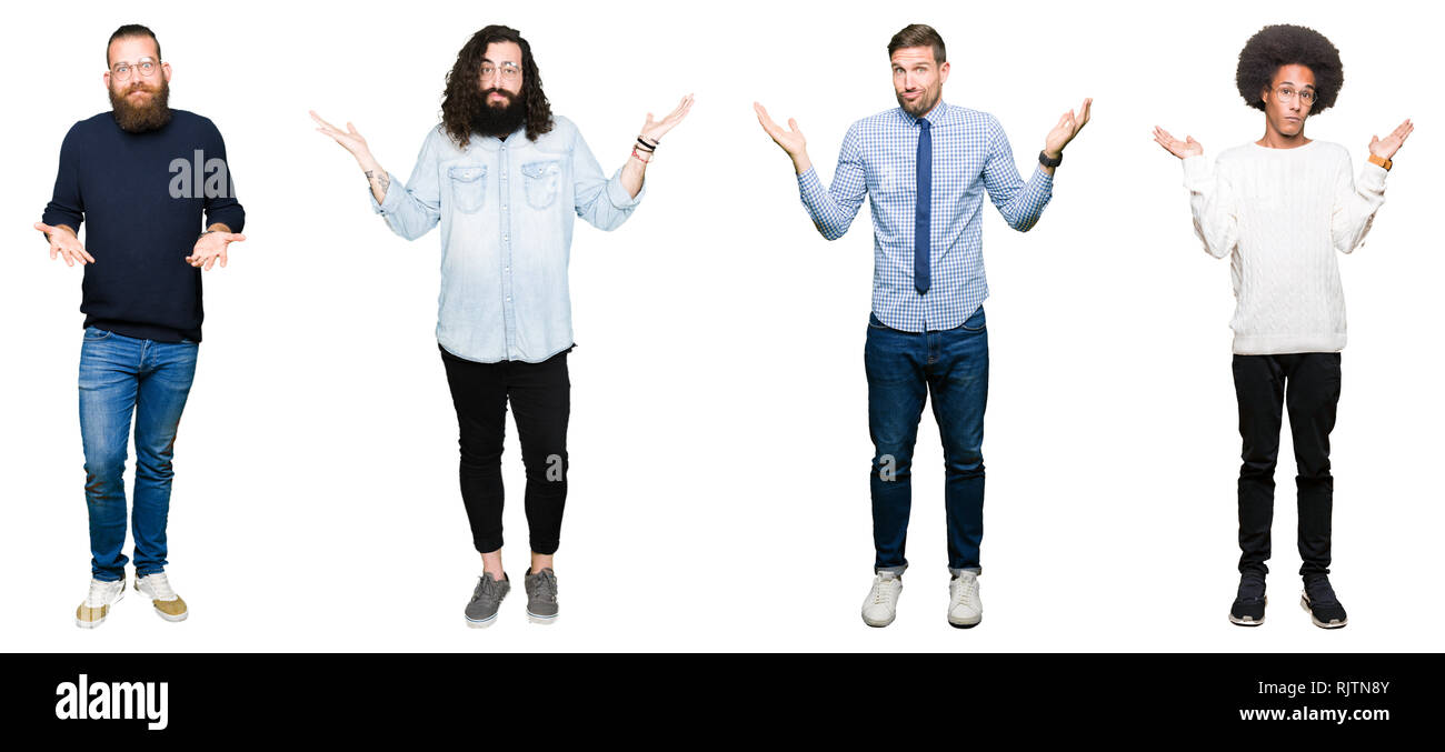 Collage of group of young men over white isolated background clueless ...
