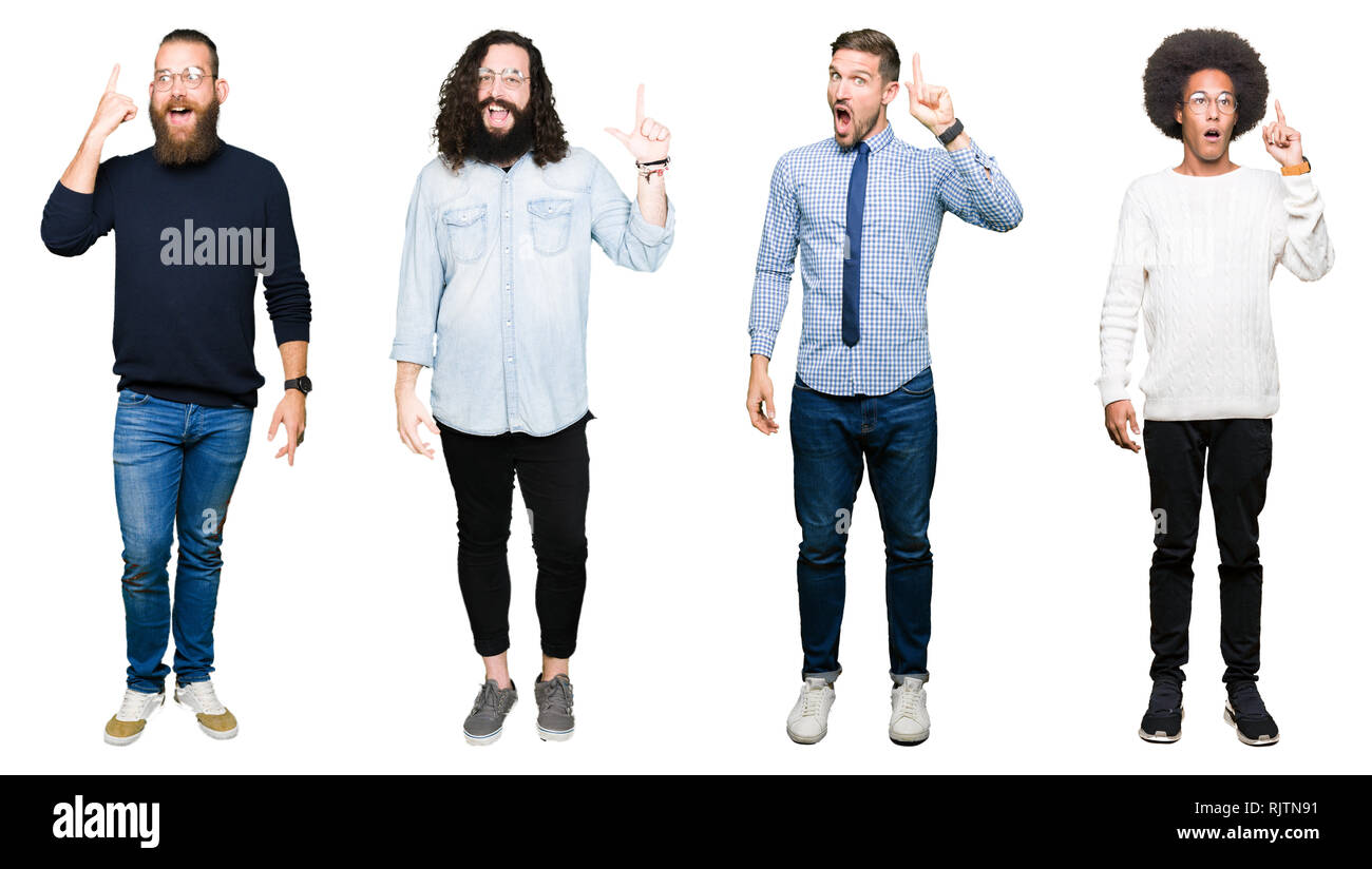 Collage of group of young men over white isolated background pointing ...