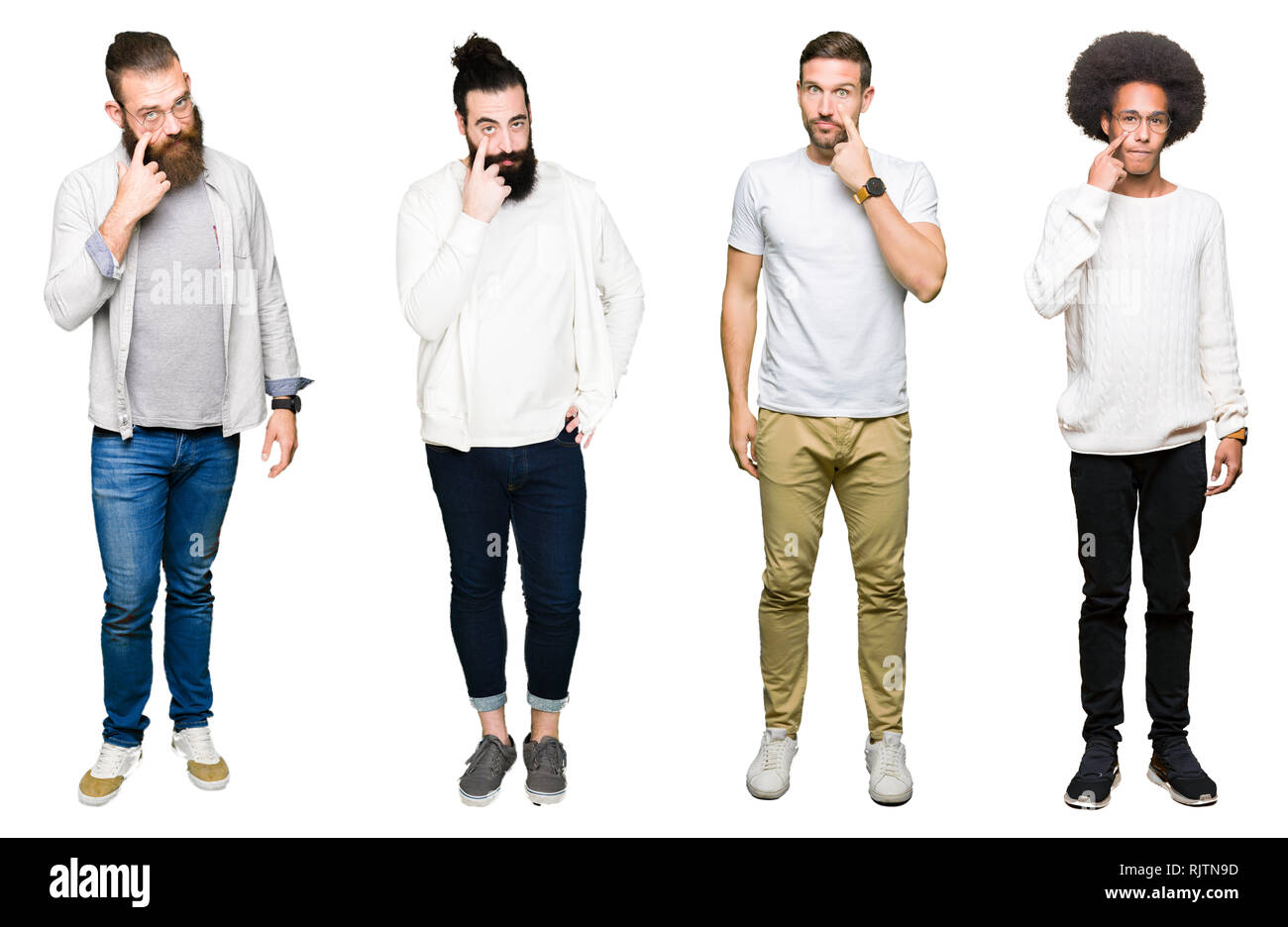 Collage of group of young men over white isolated background Pointing ...