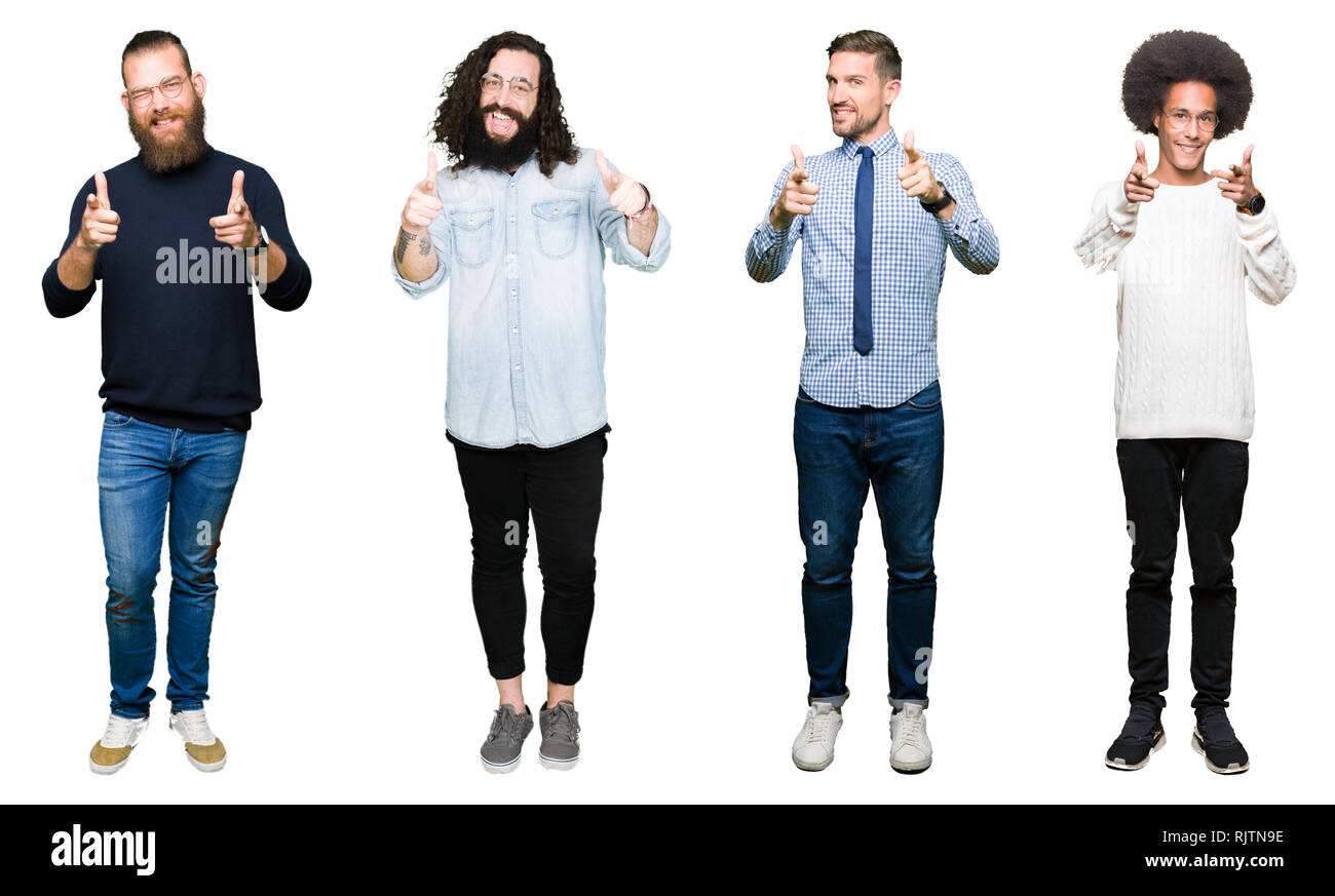 Collage of group of young men over white isolated background pointing ...