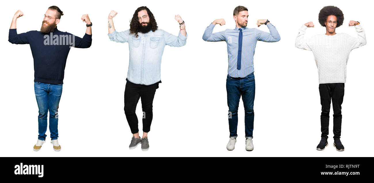 Collage of group of young men over white isolated background showing ...