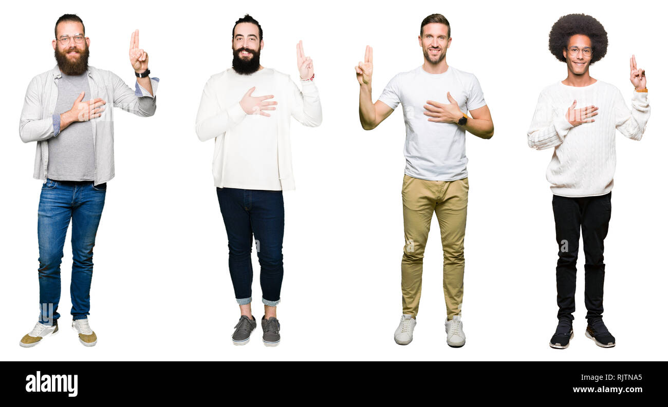 Collage of group of young men over white isolated background Swearing ...