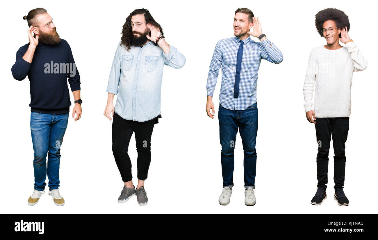 Collage of group of young men over white isolated background smiling ...