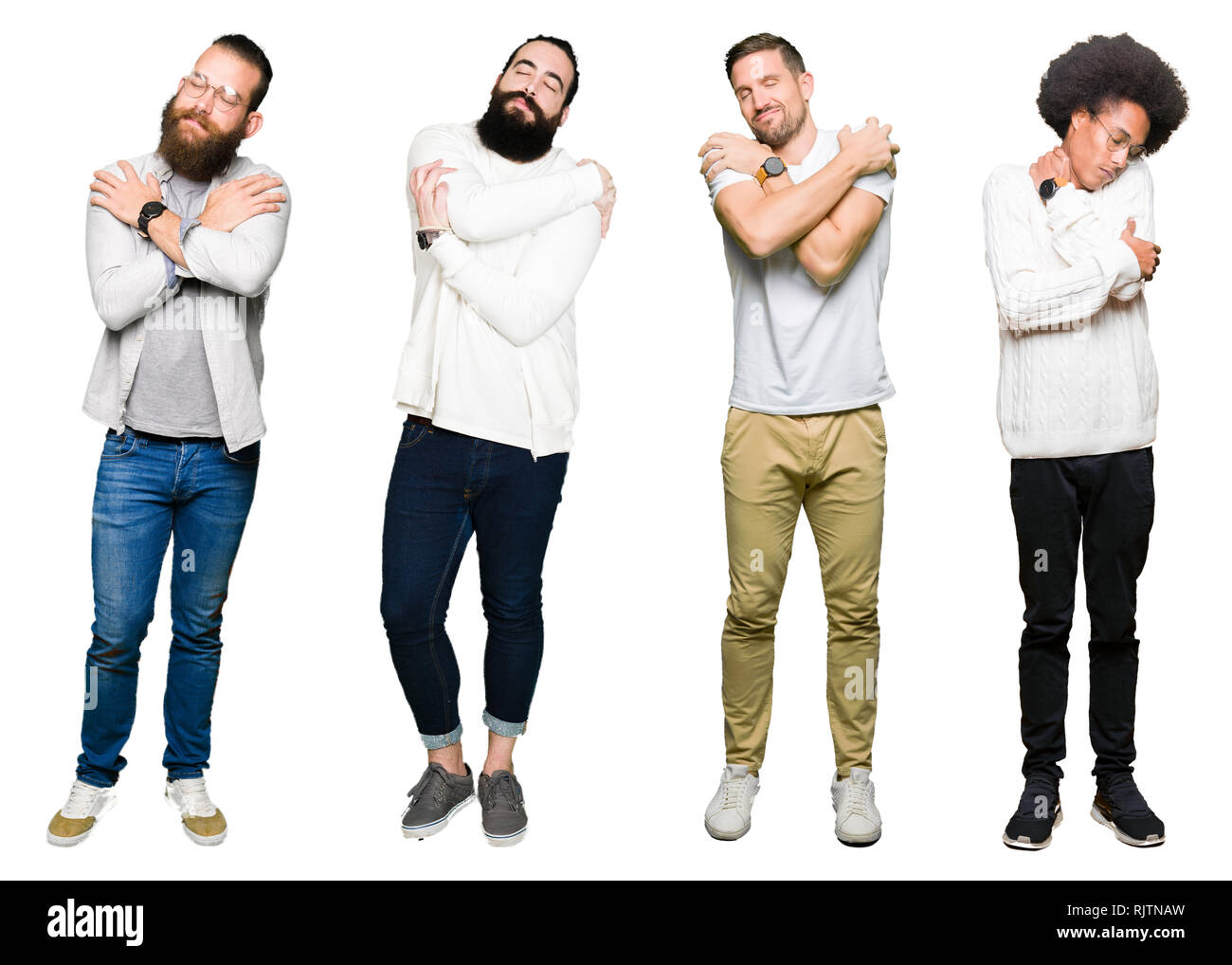 Collage of group of young men over white isolated background Hugging ...