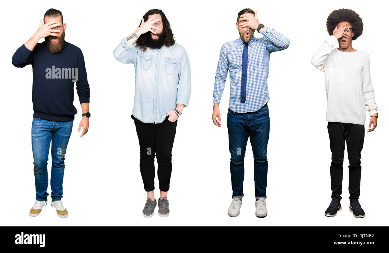 Collage of group of young men over white isolated background peeking in ...