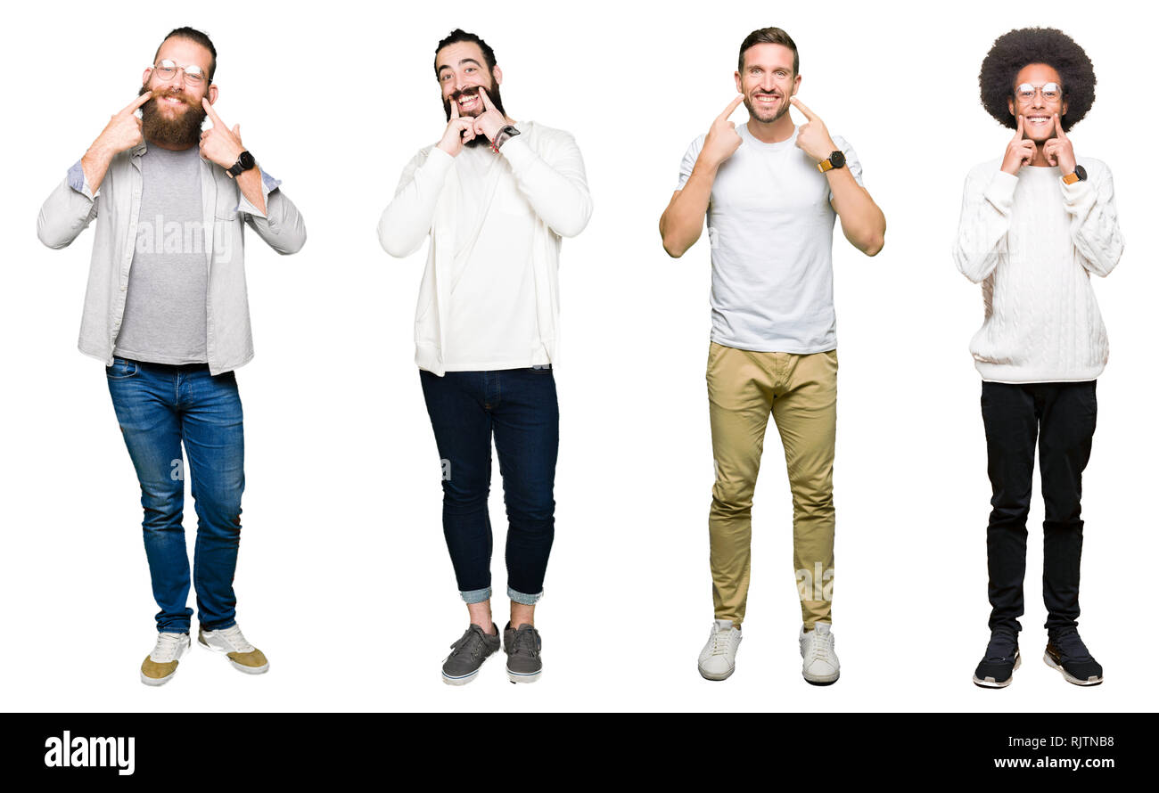 Collage of group of young men over white isolated background Smiling ...