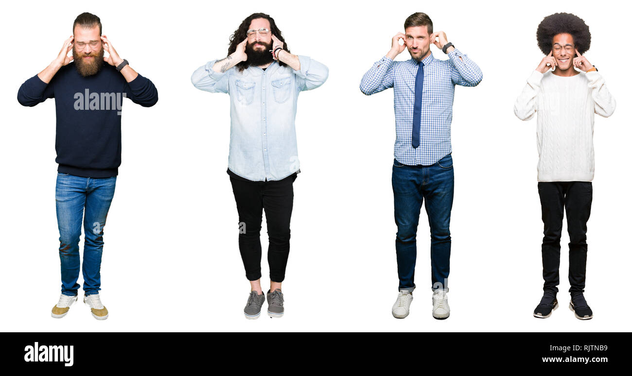 Collage of group of young men over white isolated background covering ...