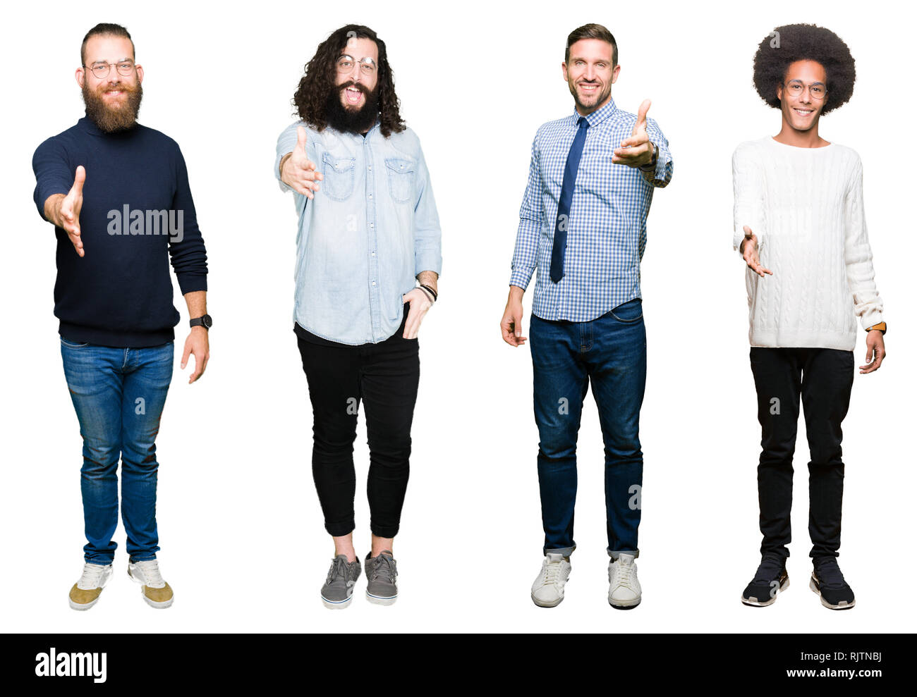 Collage of group of young men over white isolated background smiling ...