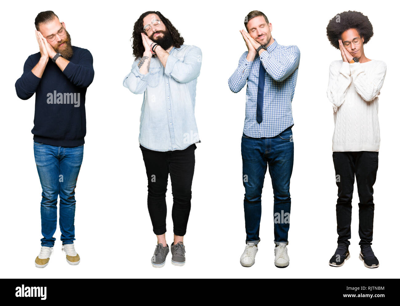 Collage of group of young men over white isolated background sleeping ...
