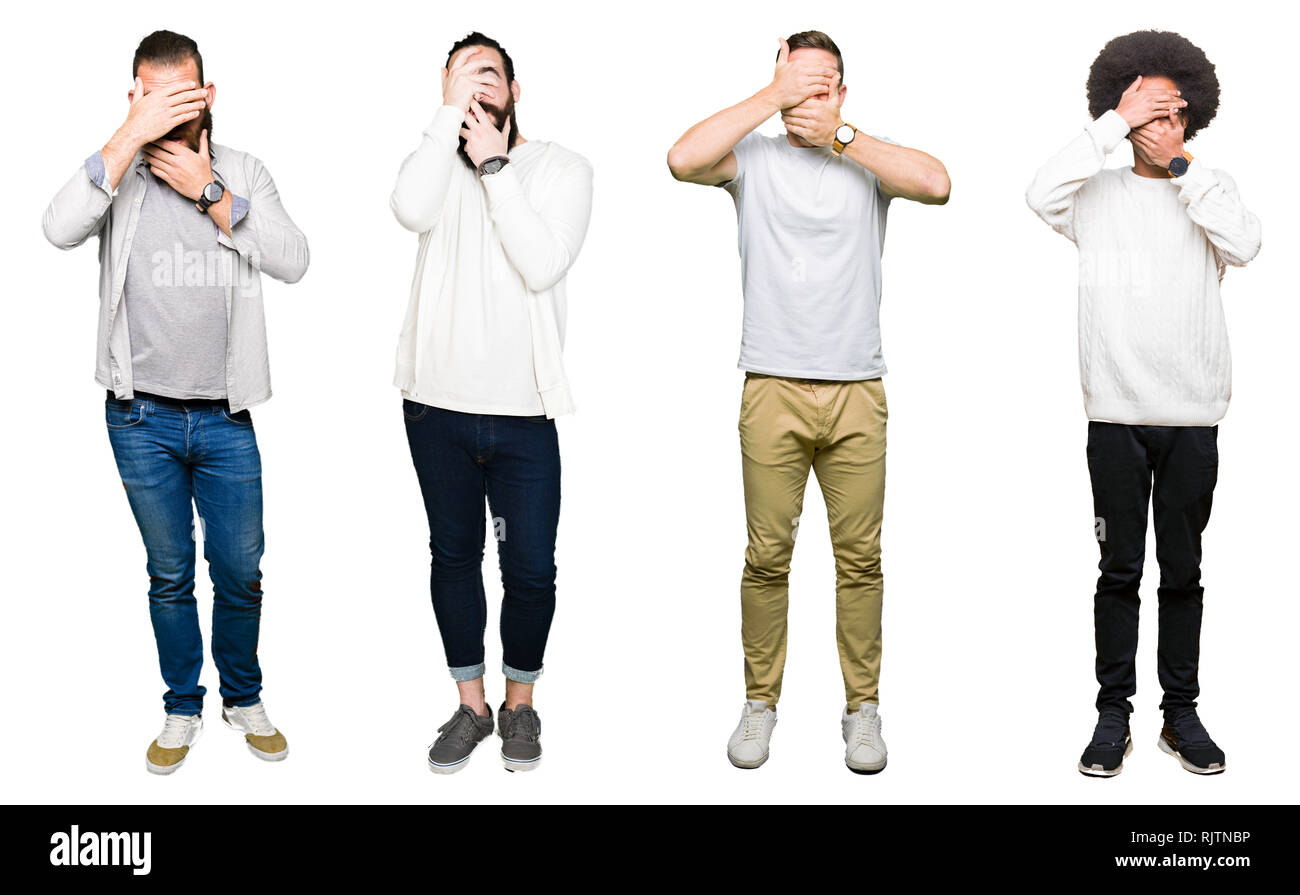 Collage of group of young men over white isolated background Covering ...