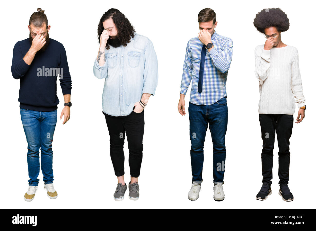 Collage of group of young men over white isolated background tired ...