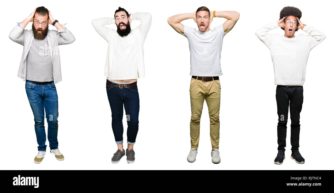 Collage of group of young men over white isolated background Crazy and ...