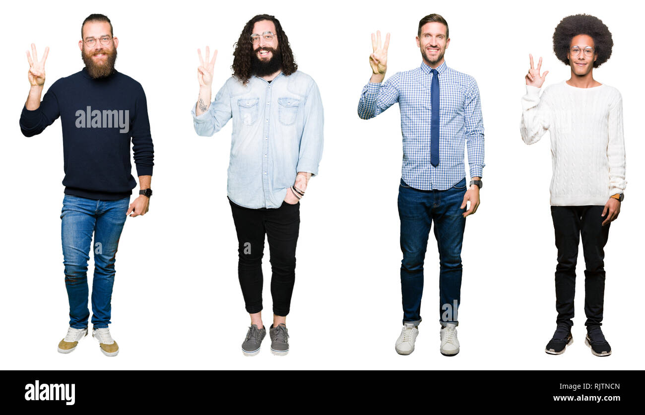 Collage of group of young men over white isolated background showing ...