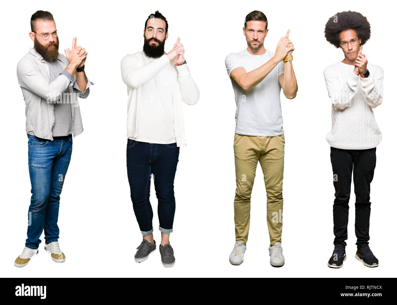 Collage of group of young men over white isolated background Holding ...