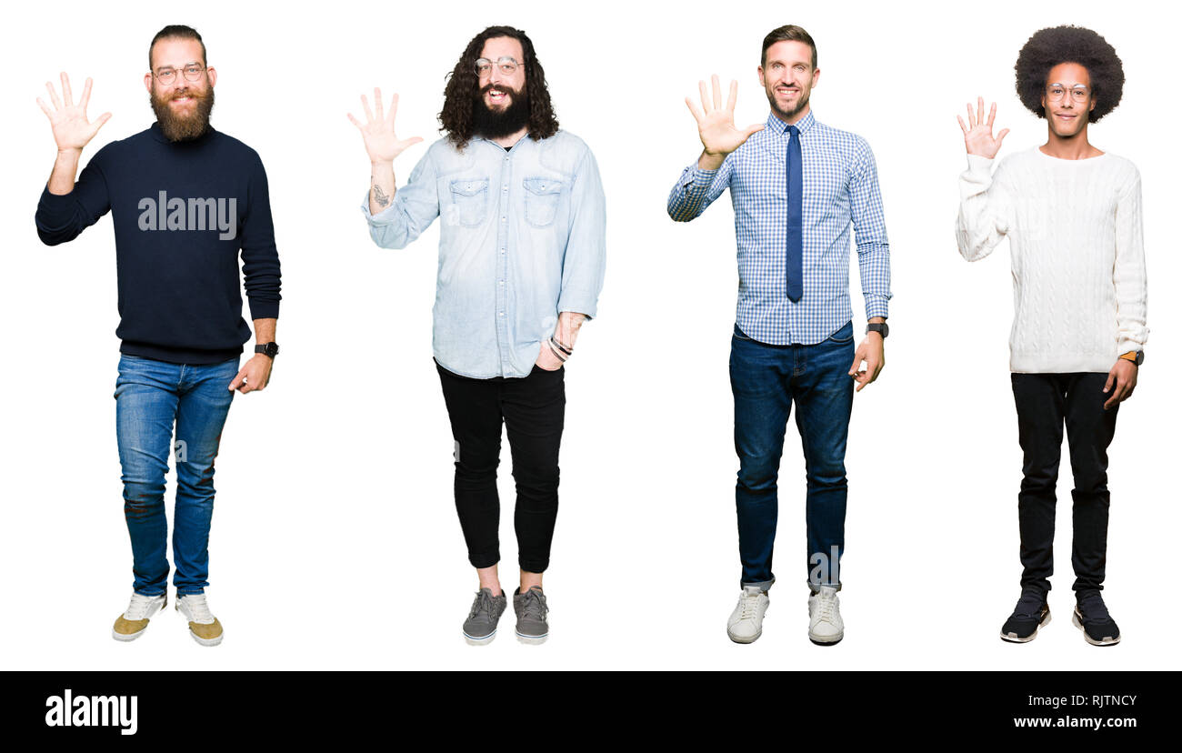 Collage of group of young men over white isolated background showing ...